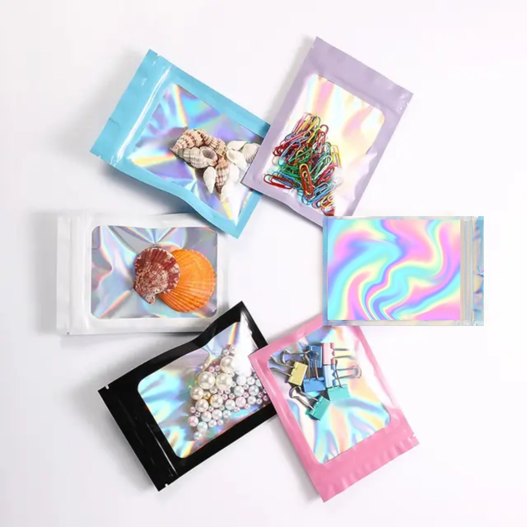 Holographic Resealable Mylar Pouch Bags Full Window Display 10pack