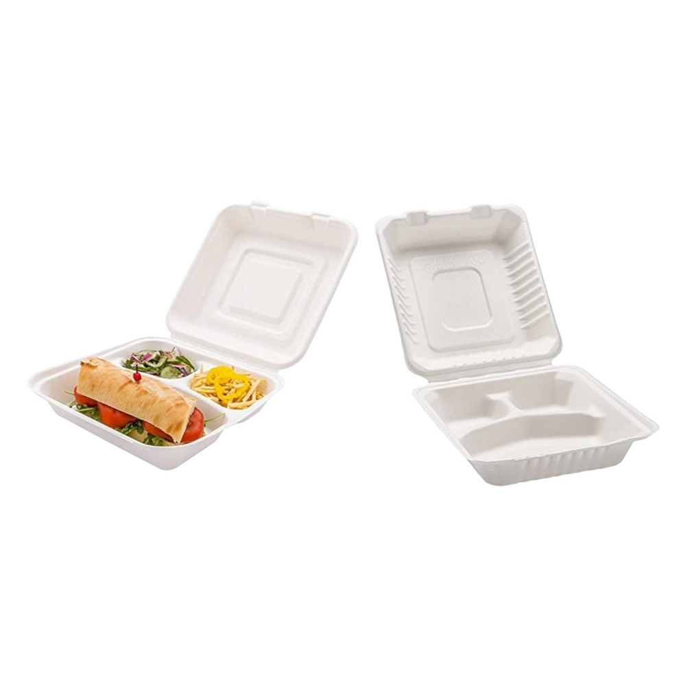 Bio Lunchbox 3 Compartment 8inch Takeaway Clamshell Sugar Cane