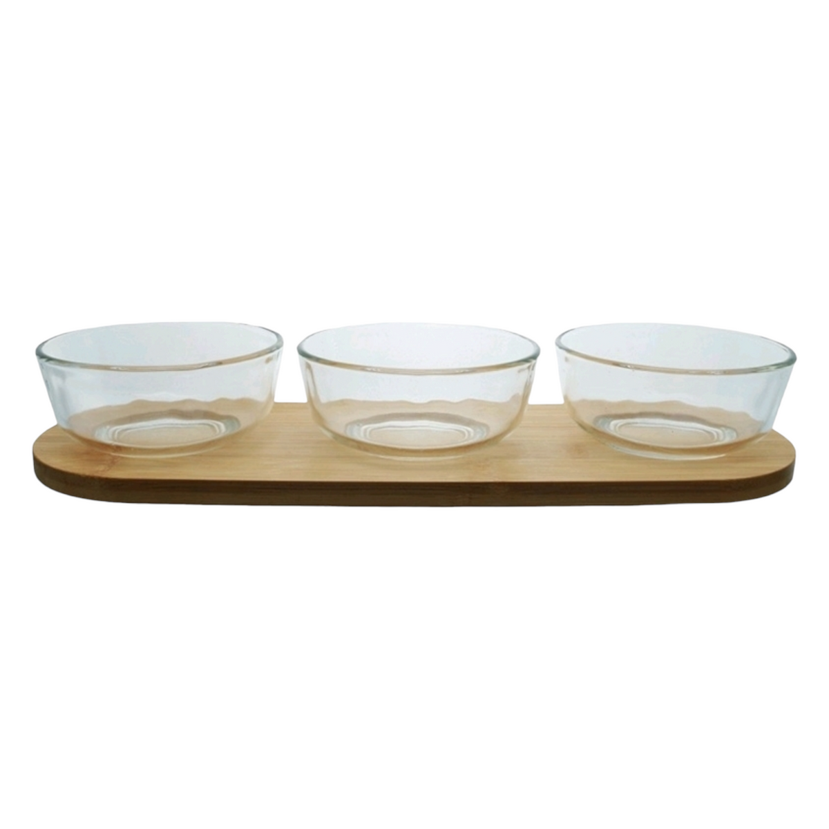 Aqua Glass Snack Bowl 3pc Set 260ml on Bamboo Serving Tray 27601