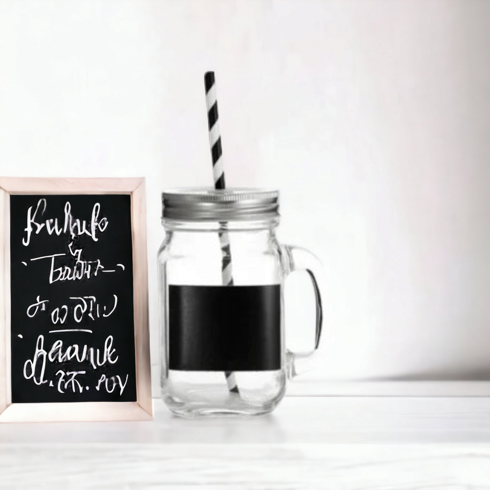 Regent Glass Mason 450ml with Chalkboard Notes Lid and Straw 27640