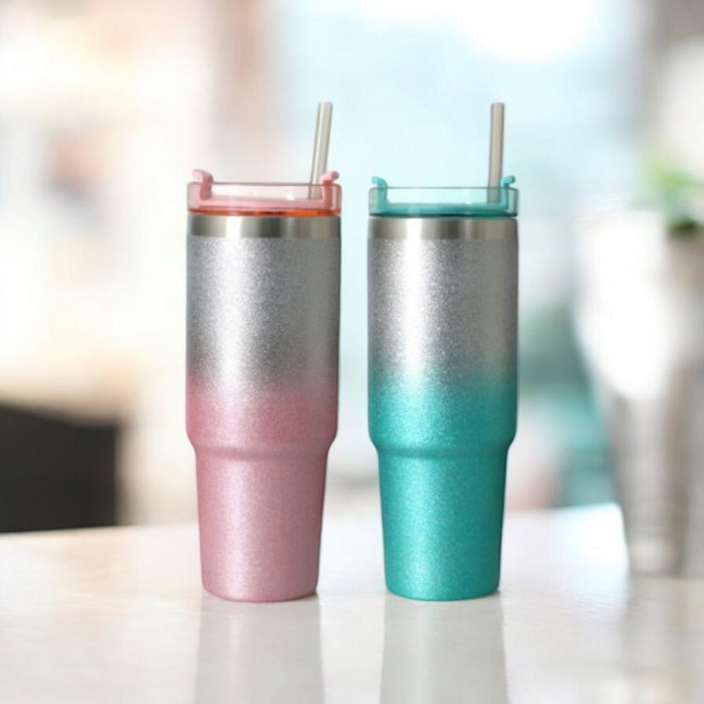 2-Tone Glitter Thermos Flask 900ml Textured with Straw Vacuum Insulate