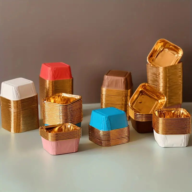 Disposable Baking Cupcake Paper Liners Square with Gold Foil Inner 8x6