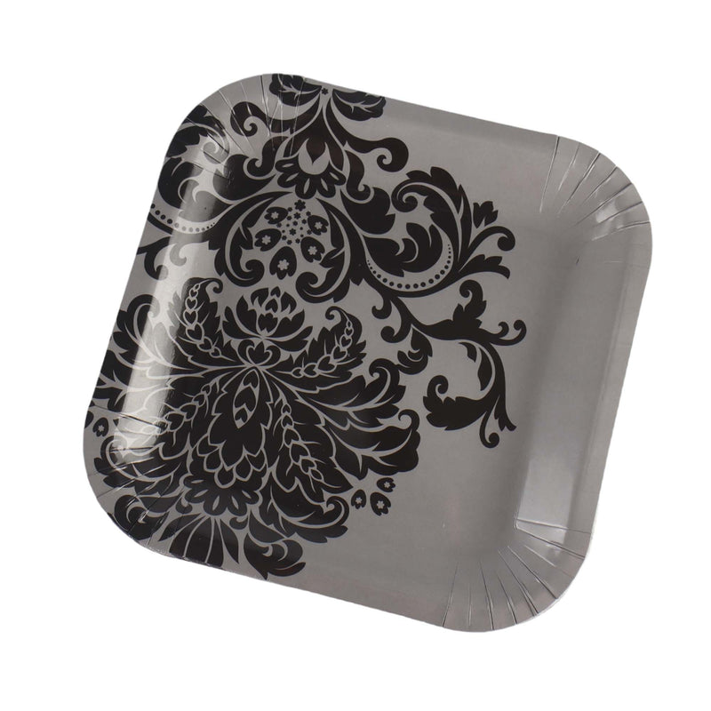 Disposable Paper Plate Square Grey with Black Print 9Inch 23cm 10Pcs