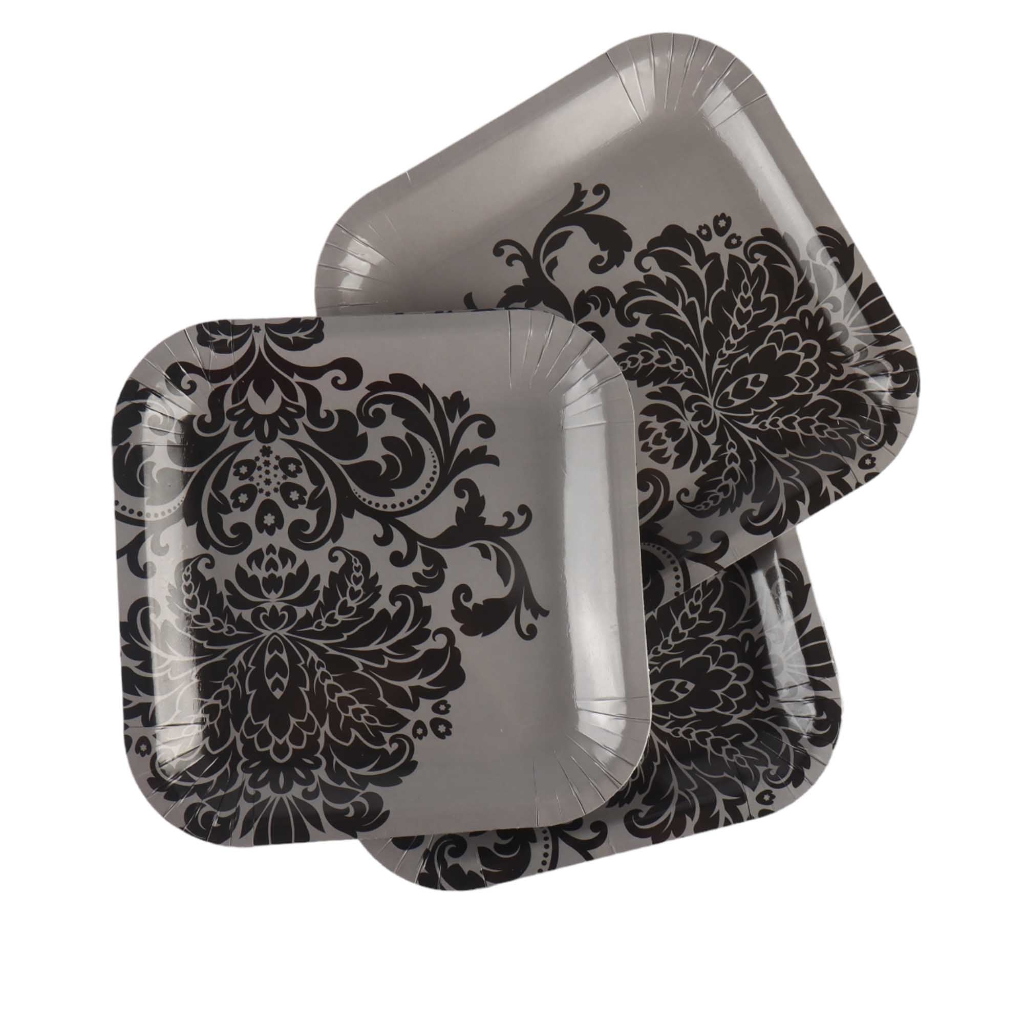 Party Paper Plate Square Grey with Black Print 9inch 23cm 10pack